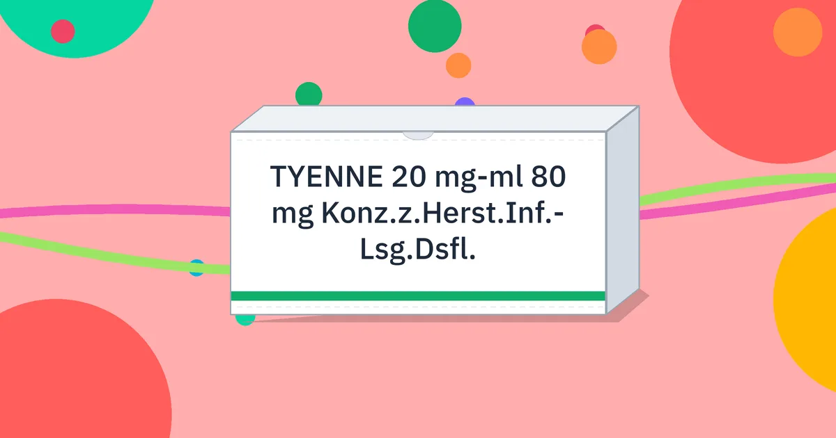Symbolbild: Packung mit der Aufschrift TYENNE 20 mg-ml 80 mg Konz.z.Herst.Inf.-Lsg.Dsfl. (PZN 18817552) – Verfügbarkeit und Bezug in Apotheken in Frankfurt am Main