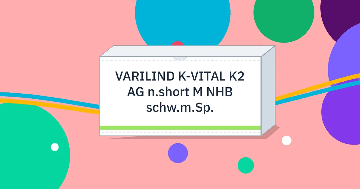 Symbolbild: Packung mit der Aufschrift VARILIND K-VITAL K2 AG n.short M NHB schw.m.Sp. (PZN 20565017) – Verfügbarkeit und Bezug in Apotheken in Frankfurt am Main