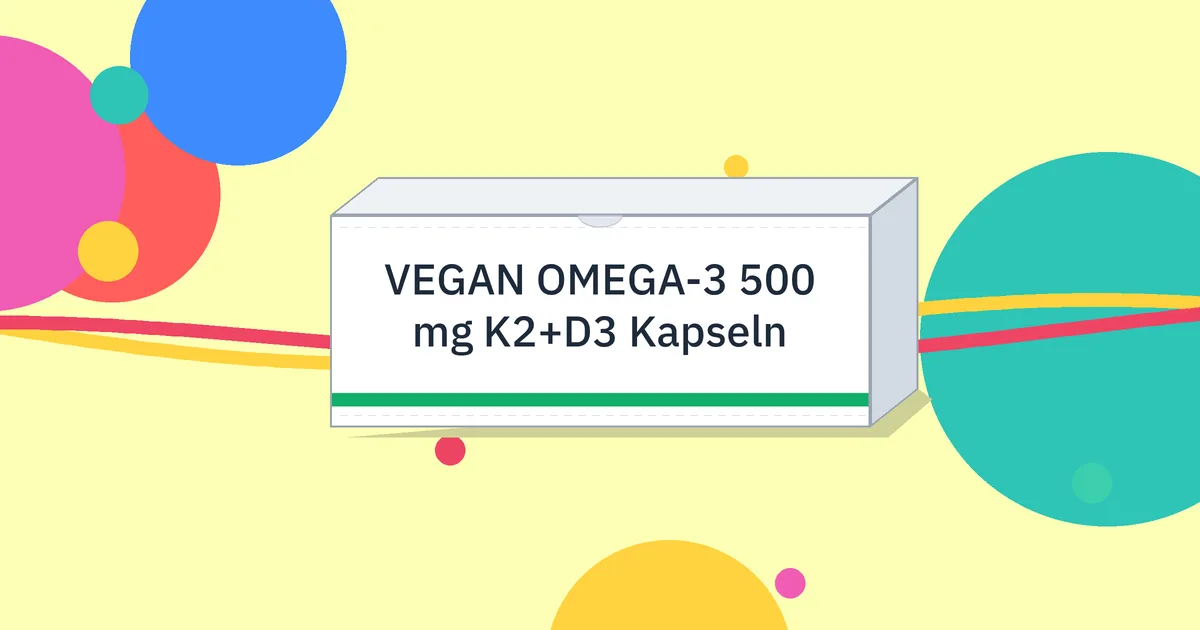 Symbolbild: Packung mit der Aufschrift VEGAN OMEGA-3 500 mg K2+D3 Kapseln (PZN 16238815) – Verfügbarkeit und Bezug in Apotheken in Frankfurt am Main