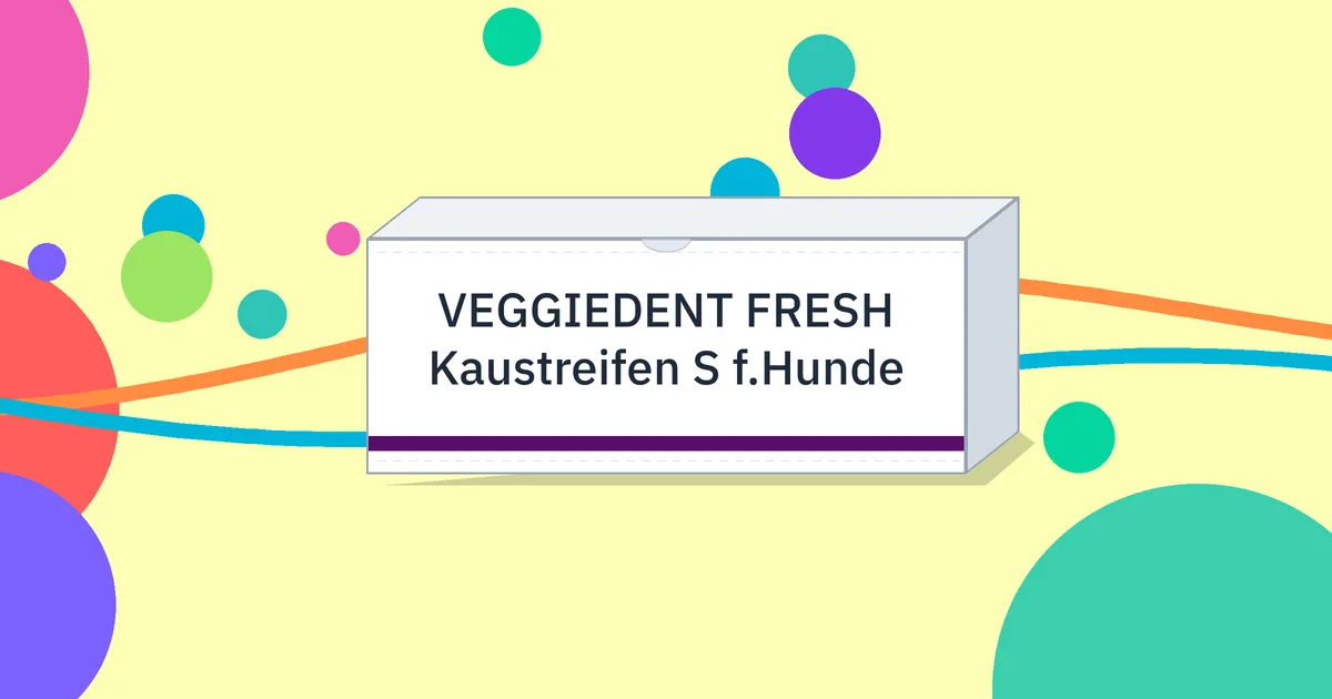Symbolbild: Packung mit der Aufschrift VEGGIEDENT FRESH Kaustreifen S f.Hunde (PZN 16608956) – Verfügbarkeit und Bezug in Apotheken in Frankfurt am Main