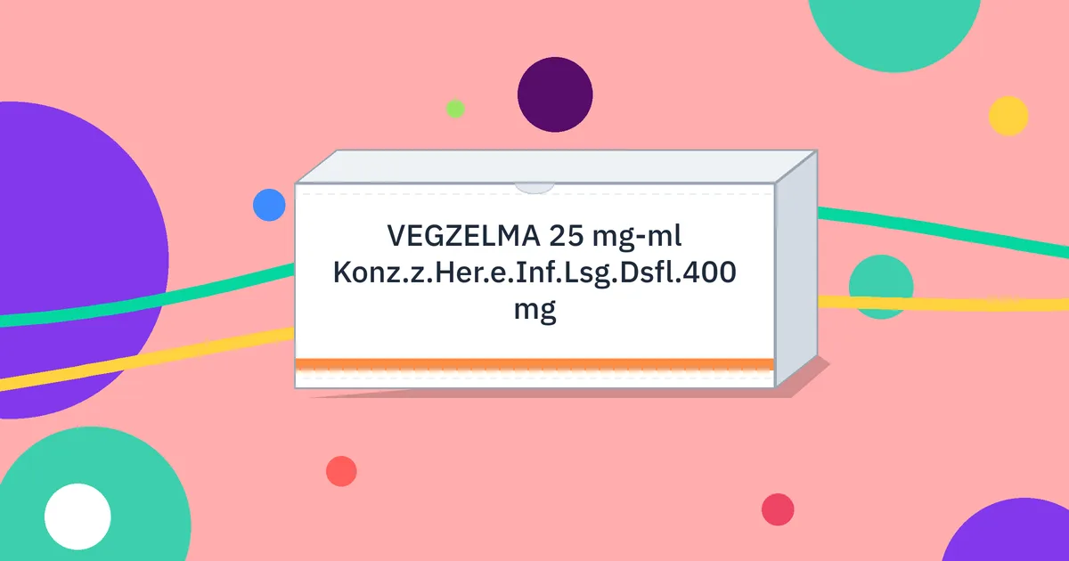 Symbolbild: Packung mit der Aufschrift VEGZELMA 25 mg-ml Konz.z.Her.e.Inf.Lsg.Dsfl.400 mg (PZN 18199255) – Verfügbarkeit und Bezug in Apotheken in Frankfurt am Main