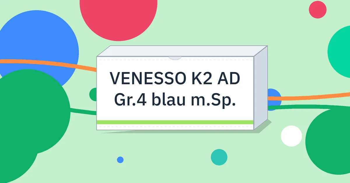 Symbolbild: Packung mit der Aufschrift VENESSO K2 AD Gr.4 blau m.Sp. (PZN 03258868) – Verfügbarkeit und Bezug in Apotheken in Frankfurt am Main