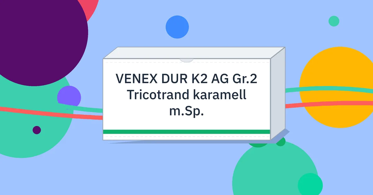 Symbolbild: Packung mit der Aufschrift VENEX DUR K2 AG Gr.2 Tricotrand karamell m.Sp. (PZN 13762800) – Verfügbarkeit und Bezug in Apotheken in Frankfurt am Main