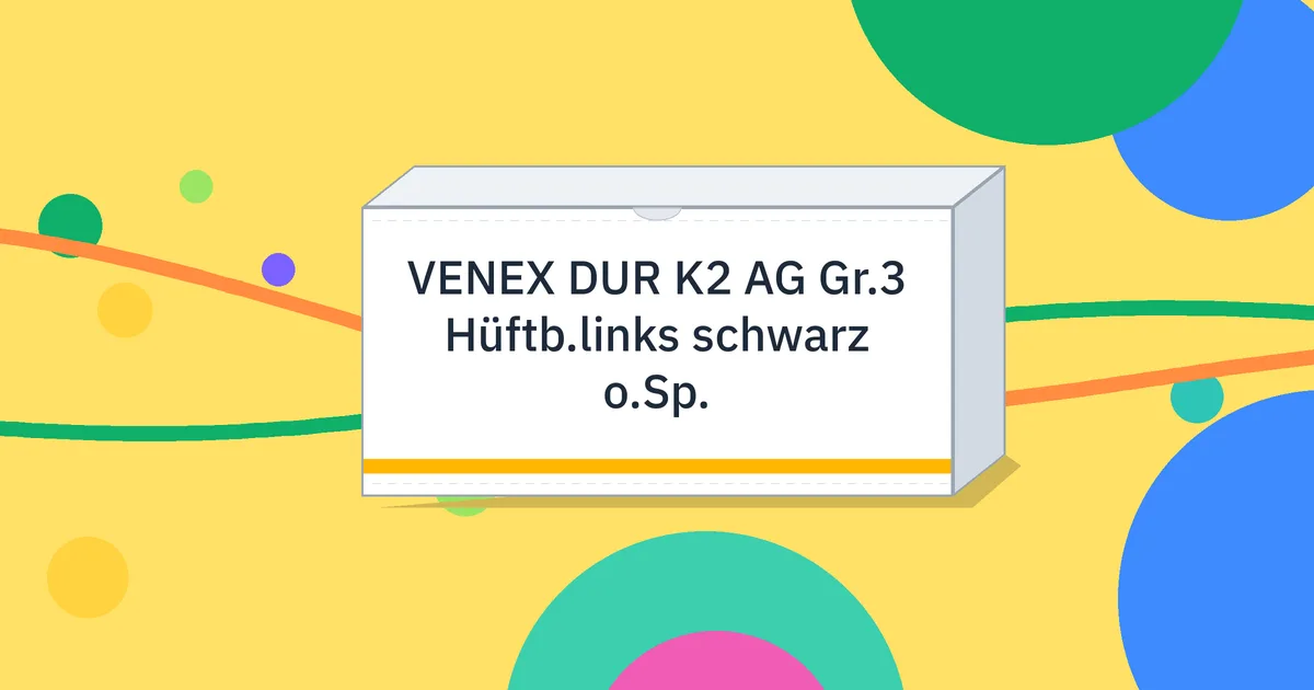 Symbolbild: Packung mit der Aufschrift VENEX DUR K2 AG Gr.3 Hüftb.links schwarz o.Sp. (PZN 03232455) – Verfügbarkeit und Bezug in Apotheken in Frankfurt am Main
