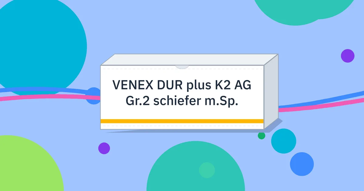 Symbolbild: Packung mit der Aufschrift VENEX DUR plus K2 AG Gr.2 schiefer m.Sp. (PZN 03235353) – Verfügbarkeit und Bezug in Apotheken in Frankfurt am Main