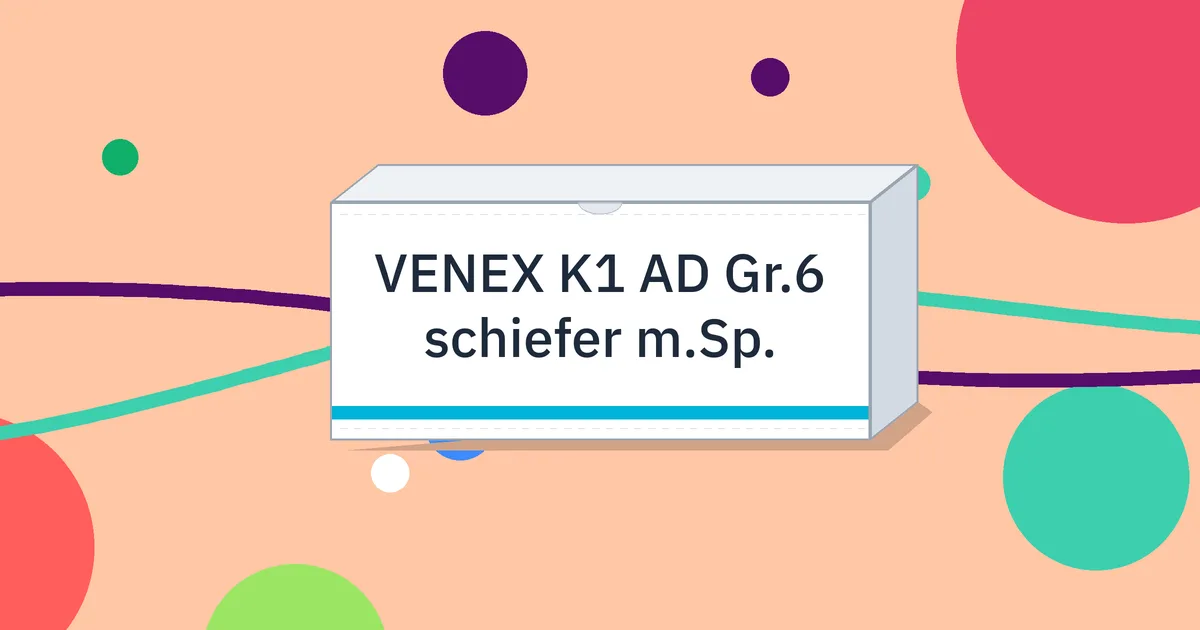 Symbolbild: Packung mit der Aufschrift VENEX K1 AD Gr.6 schiefer m.Sp. (PZN 03184259) – Verfügbarkeit und Bezug in Apotheken in Frankfurt am Main