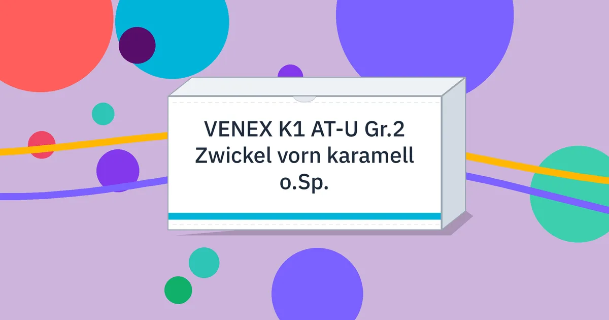 Symbolbild: Packung mit der Aufschrift VENEX K1 AT-U Gr.2 Zwickel vorn karamell o.Sp. (PZN 13759413) – Verfügbarkeit und Bezug in Apotheken in Frankfurt am Main