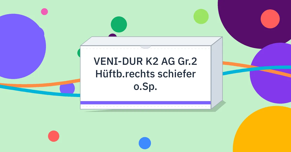 Symbolbild: Packung mit der Aufschrift VENI-DUR K2 AG Gr.2 Hüftb.rechts schiefer o.Sp. (PZN 03254126) – Verfügbarkeit und Bezug in Apotheken in Frankfurt am Main