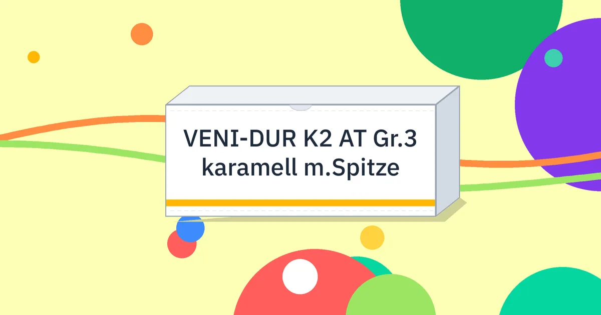 Symbolbild: Packung mit der Aufschrift VENI-DUR K2 AT Gr.3 karamell m.Spitze (PZN 13756975) – Verfügbarkeit und Bezug in Apotheken in Frankfurt am Main