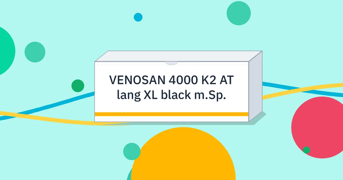 Symbolbild: Packung mit der Aufschrift VENOSAN 4000 K2 AT lang XL black m.Sp. (PZN 14427535) – Verfügbarkeit und Bezug in Apotheken in Frankfurt am Main