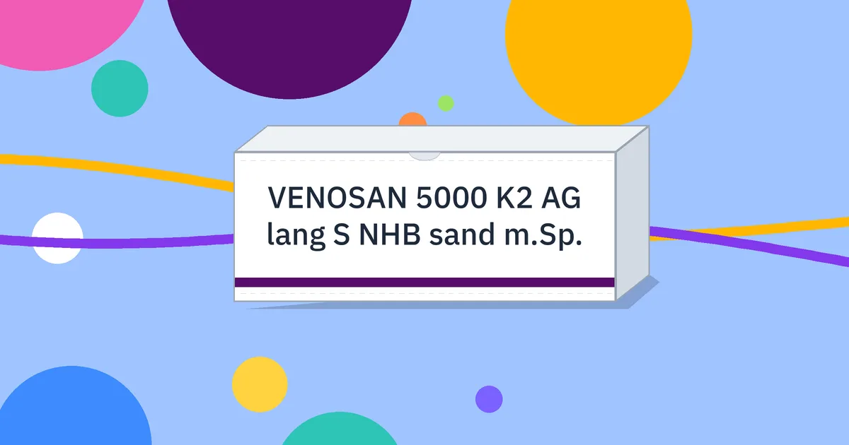 Symbolbild: Packung mit der Aufschrift VENOSAN 5000 K2 AG lang S NHB sand m.Sp. (PZN 14428871) – Verfügbarkeit und Bezug in Apotheken in Frankfurt am Main