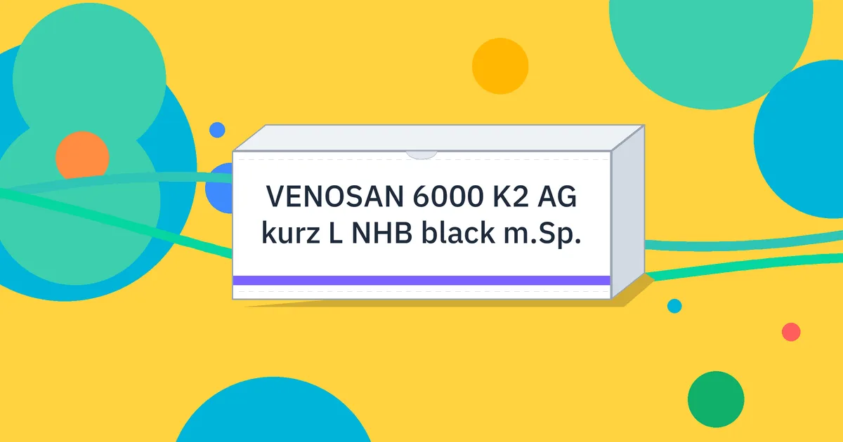 Symbolbild: Packung mit der Aufschrift VENOSAN 6000 K2 AG kurz L NHB black m.Sp. (PZN 17173093) – Verfügbarkeit und Bezug in Apotheken in Frankfurt am Main