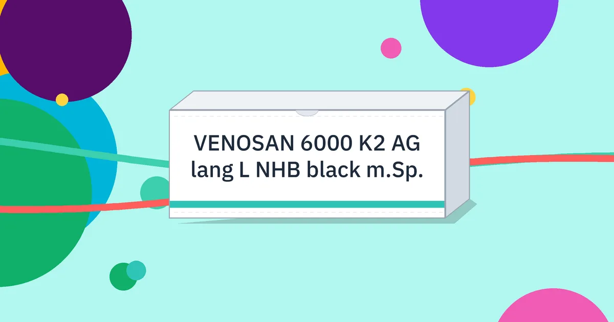 Symbolbild: Packung mit der Aufschrift VENOSAN 6000 K2 AG lang L NHB black m.Sp. (PZN 17173029) – Verfügbarkeit und Bezug in Apotheken in Frankfurt am Main