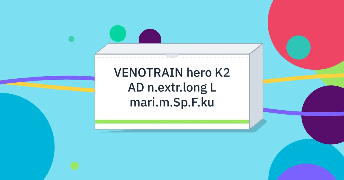 Symbolbild: Packung mit der Aufschrift VENOTRAIN hero K2 AD n.extr.long L mari.m.Sp.F.ku (PZN 19189112) – Verfügbarkeit und Bezug in Apotheken in Frankfurt am Main
