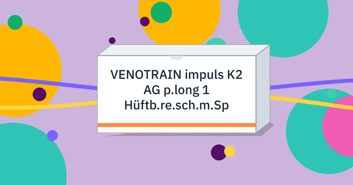 Symbolbild: Packung mit der Aufschrift VENOTRAIN impuls K2 AG p.long 1 Hüftb.re.sch.m.Sp (PZN 10293138) – Verfügbarkeit und Bezug in Apotheken in Frankfurt am Main