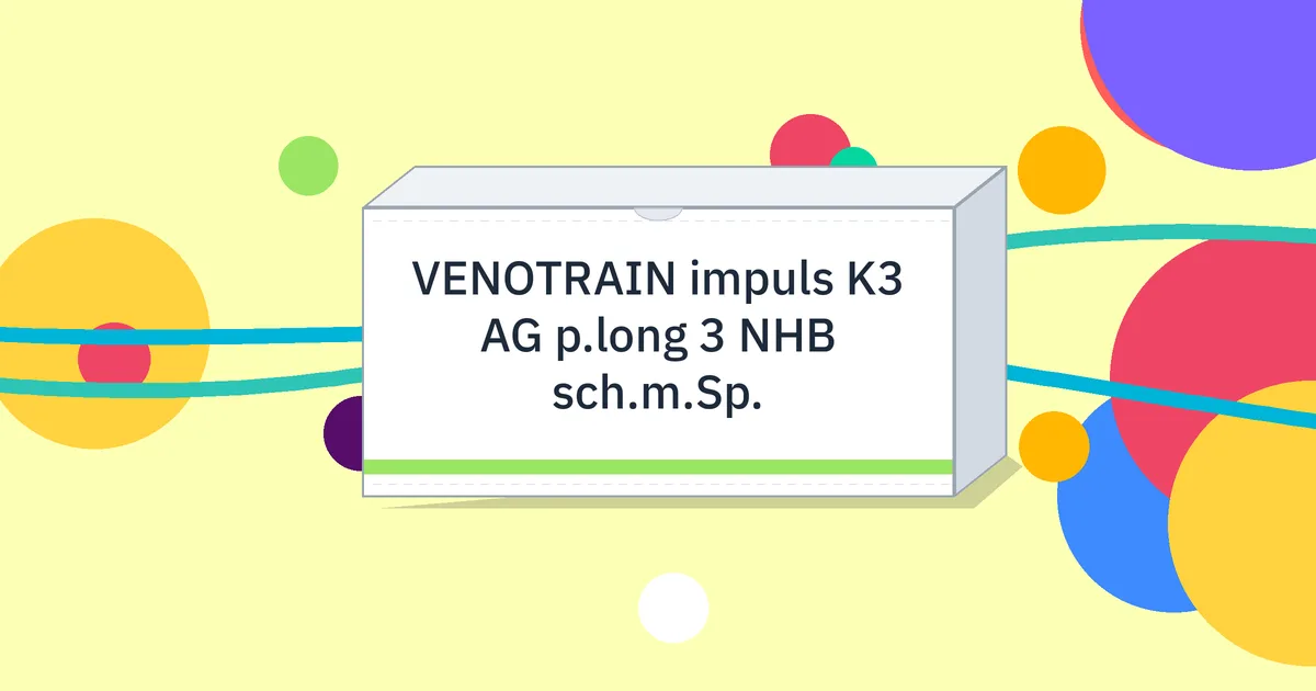 Symbolbild: Packung mit der Aufschrift VENOTRAIN impuls K3 AG p.long 3 NHB sch.m.Sp. (PZN 00534115) – Verfügbarkeit und Bezug in Apotheken in Frankfurt am Main