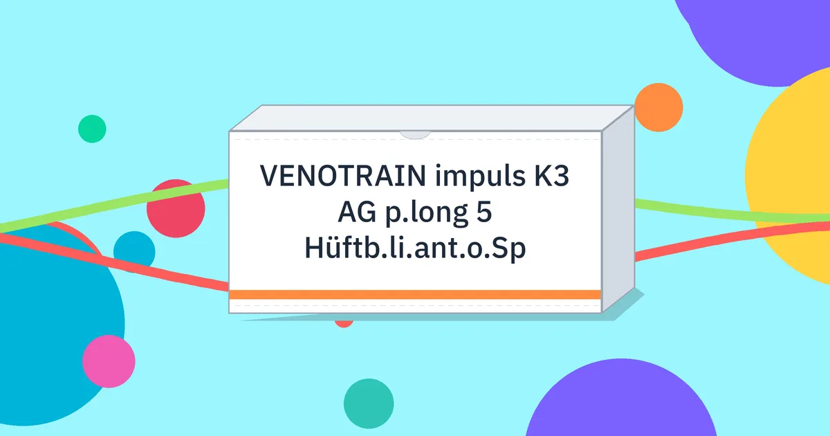 Symbolbild: Packung mit der Aufschrift VENOTRAIN impuls K3 AG p.long 5 Hüftb.li.ant.o.Sp (PZN 15221014) – Verfügbarkeit und Bezug in Apotheken in Frankfurt am Main