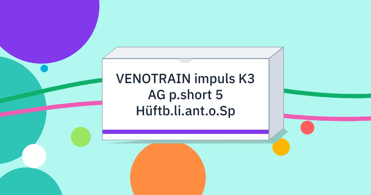 Symbolbild: Packung mit der Aufschrift VENOTRAIN impuls K3 AG p.short 5 Hüftb.li.ant.o.Sp (PZN 15220948) – Verfügbarkeit und Bezug in Apotheken in Frankfurt am Main