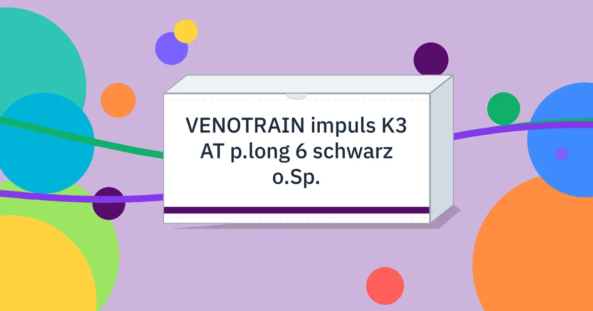 Symbolbild: Packung mit der Aufschrift VENOTRAIN impuls K3 AT p.long 6 schwarz o.Sp. (PZN 19356656) – Verfügbarkeit und Bezug in Apotheken in Frankfurt am Main