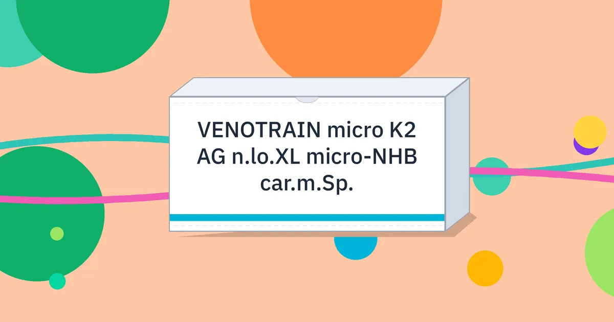 Symbolbild: Packung mit der Aufschrift VENOTRAIN micro K2 AG n.lo.XL micro-NHB car.m.Sp. (PZN 16065355) – Verfügbarkeit und Bezug in Apotheken in Frankfurt am Main