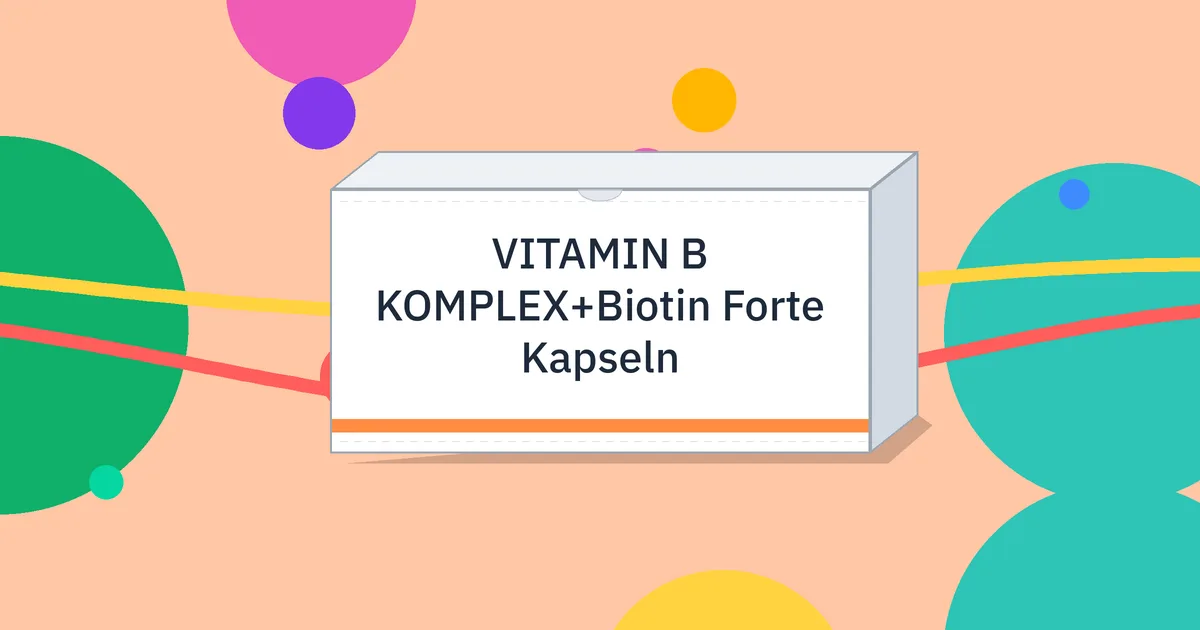 Symbolbild: Packung mit der Aufschrift VITAMIN B KOMPLEX+Biotin Forte Kapseln (PZN 10141902) – Verfügbarkeit und Bezug in Apotheken in Frankfurt am Main