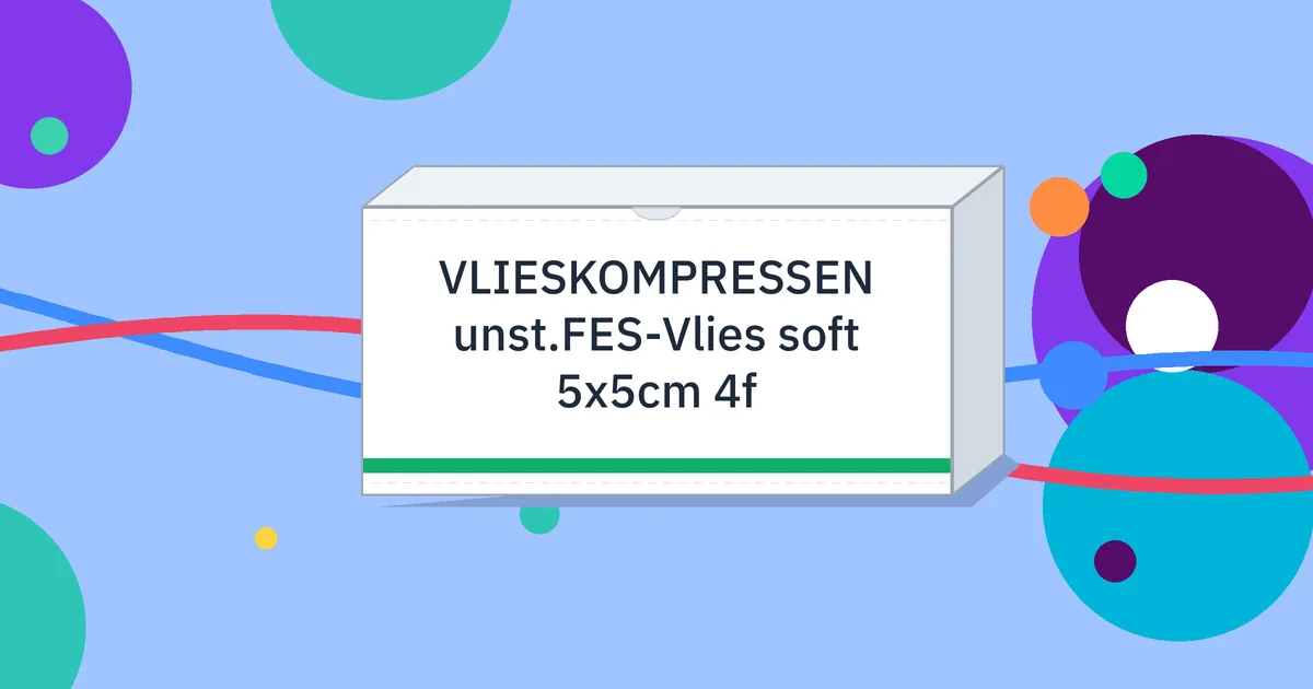 Symbolbild: Packung mit der Aufschrift VLIESKOMPRESSEN unst.FES-Vlies soft 5x5cm 4f (PZN 19799342) – Verfügbarkeit und Bezug in Apotheken in Frankfurt am Main