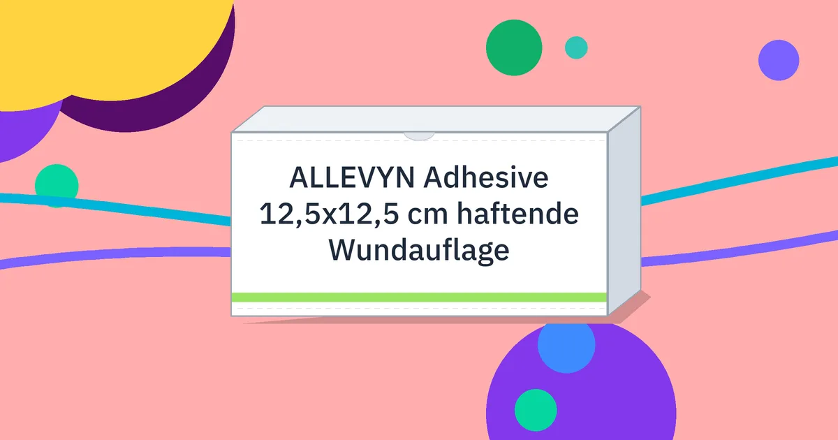Symbolbild: Packung mit der Aufschrift ALLEVYN Adhesive 12,5x12,5 cm haftende Wundauflage (PZN 16044637) – Verfügbarkeit und Bezug in Apotheken in Frankfurt am Main