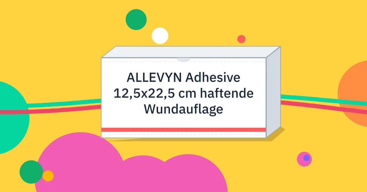 Symbolbild: Packung mit der Aufschrift ALLEVYN Adhesive 12,5x22,5 cm haftende Wundauflage (PZN 10323477) – Verfügbarkeit und Bezug in Apotheken in Frankfurt am Main