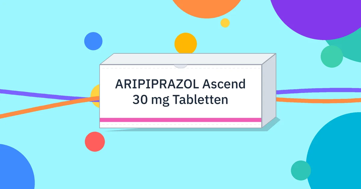 Symbolbild: Packung mit der Aufschrift ARIPIPRAZOL Ascend 30 mg Tabletten (PZN 18425556) – Verfügbarkeit und Bezug in Apotheken in Frankfurt am Main