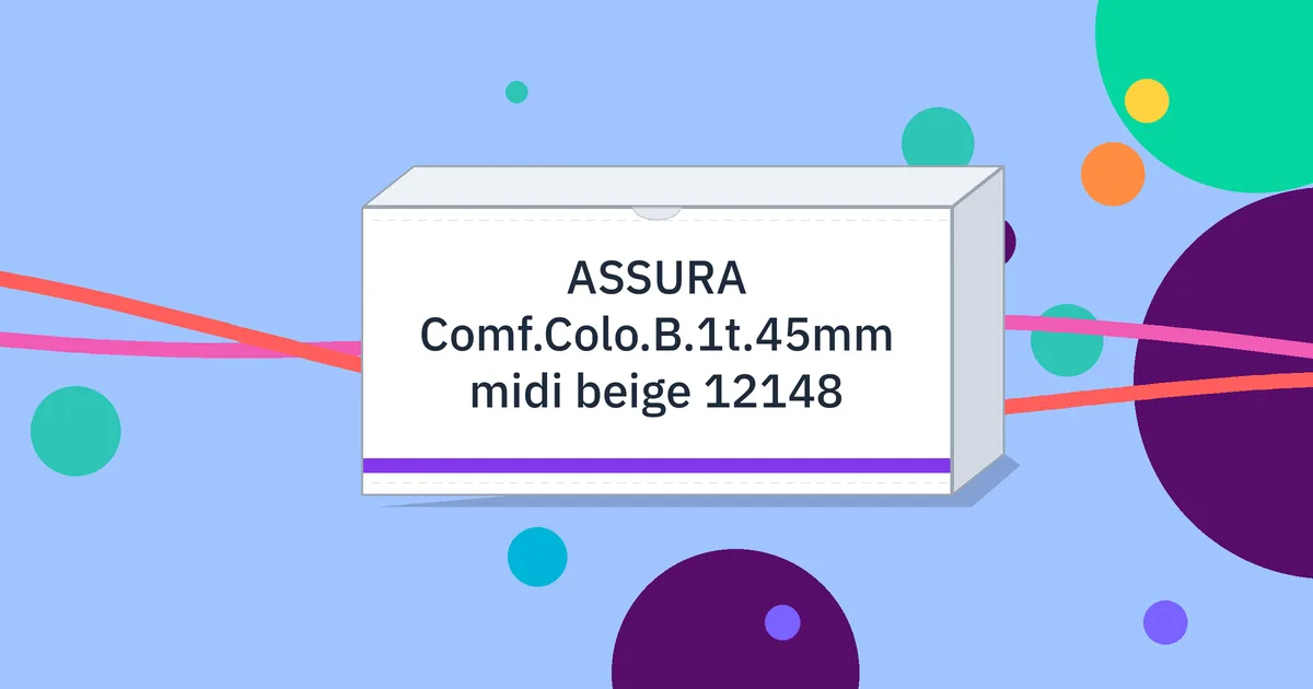 Symbolbild: Packung mit der Aufschrift ASSURA Comf.Colo.B.1t.45mm midi beige 12148 (PZN 08996111) – Verfügbarkeit und Bezug in Apotheken in Frankfurt am Main