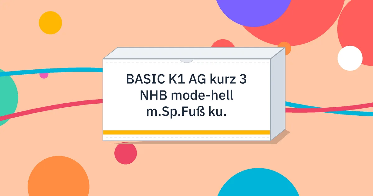 Symbolbild: Packung mit der Aufschrift BASIC K1 AG kurz 3 NHB mode-hell m.Sp.Fuß ku. (PZN 20260513) – Verfügbarkeit und Bezug in Apotheken in Frankfurt am Main