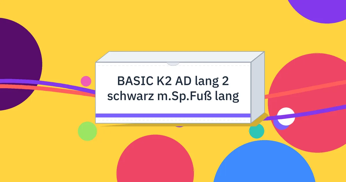 Symbolbild: Packung mit der Aufschrift BASIC K2 AD lang 2 schwarz m.Sp.Fuß lang (PZN 20263859) – Verfügbarkeit und Bezug in Apotheken in Frankfurt am Main