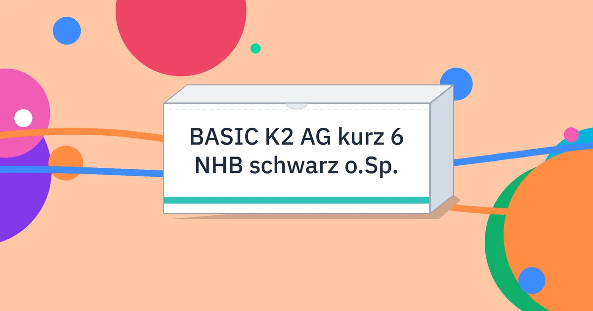 Symbolbild: Packung mit der Aufschrift BASIC K2 AG kurz 6 NHB schwarz o.Sp. (PZN 20268271) – Verfügbarkeit und Bezug in Apotheken in Frankfurt am Main