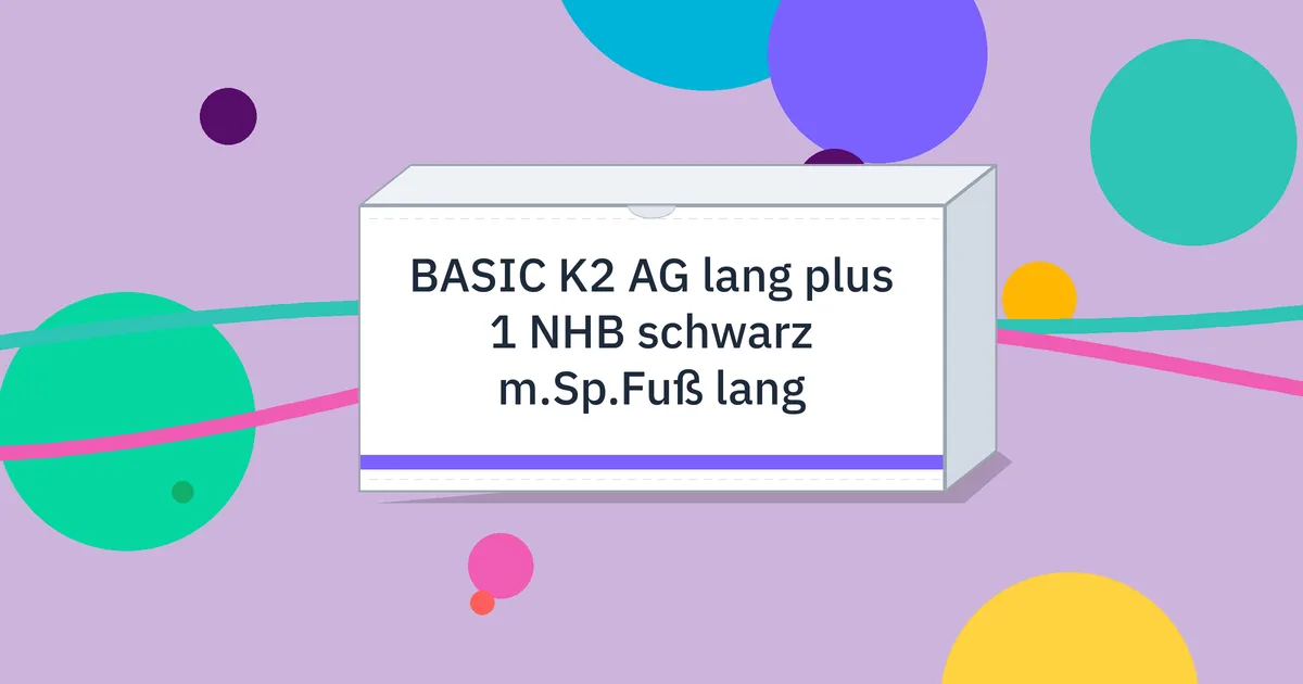 Symbolbild: Packung mit der Aufschrift BASIC K2 AG lang plus 1 NHB schwarz m.Sp.Fuß lang (PZN 20266125) – Verfügbarkeit und Bezug in Apotheken in Frankfurt am Main
