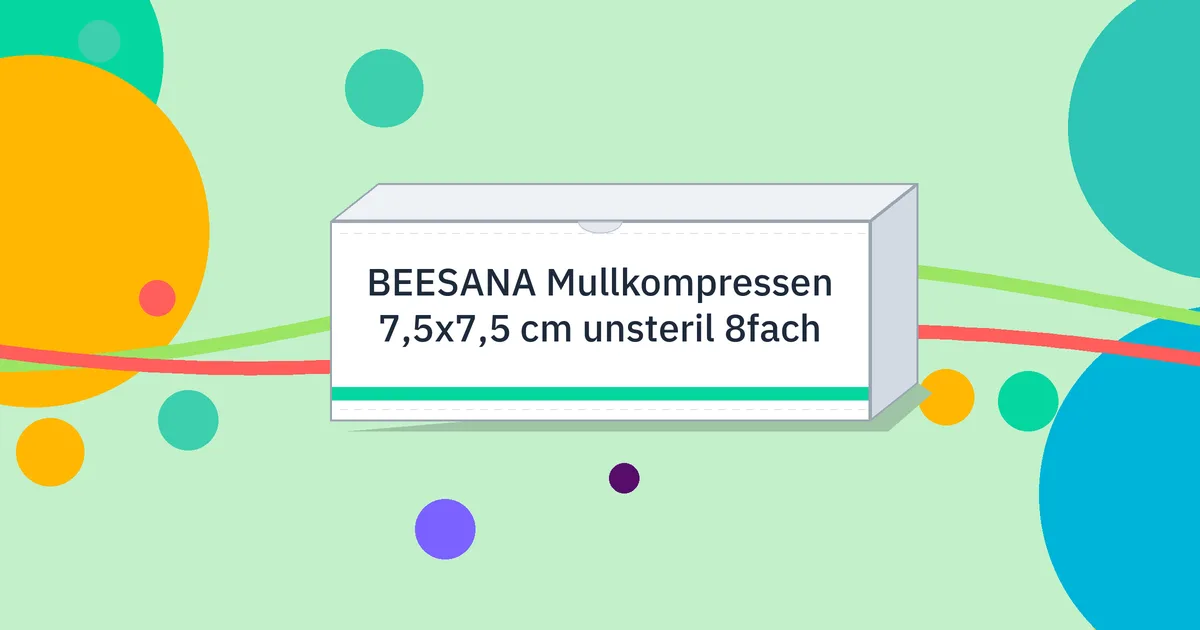 Symbolbild: Packung mit der Aufschrift BEESANA Mullkompressen 7,5x7,5 cm unsteril 8fach (PZN 14199376) – Verfügbarkeit und Bezug in Apotheken in Frankfurt am Main