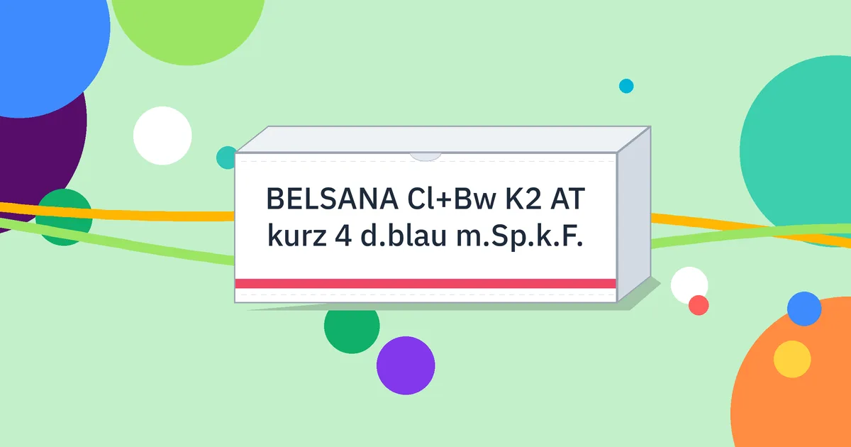 Symbolbild: Packung mit der Aufschrift BELSANA Cl+Bw K2 AT kurz 4 d.blau m.Sp.k.F. (PZN 15627928) – Verfügbarkeit und Bezug in Apotheken in Frankfurt am Main