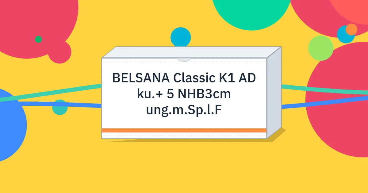 Symbolbild: Packung mit der Aufschrift BELSANA Classic K1 AD ku.+ 5 NHB3cm ung.m.Sp.l.F (PZN 19256972) – Verfügbarkeit und Bezug in Apotheken in Frankfurt am Main