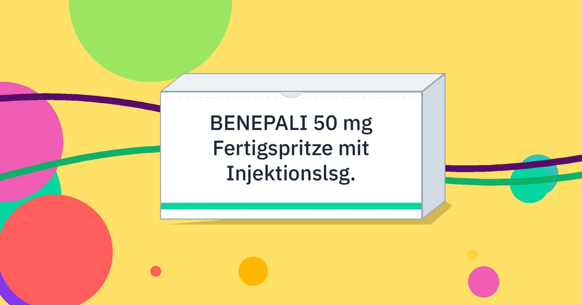 Symbolbild: Packung mit der Aufschrift BENEPALI 50 mg Fertigspritze mit Injektionslsg. (PZN 16008802) – Verfügbarkeit und Bezug in Apotheken in Frankfurt am Main