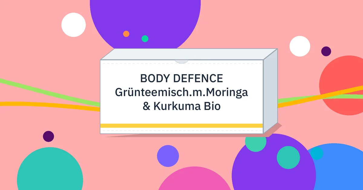 Symbolbild: Packung mit der Aufschrift BODY DEFENCE Grünteemisch.m.Moringa & Kurkuma Bio (PZN 17924300) – Verfügbarkeit und Bezug in Apotheken in Frankfurt am Main