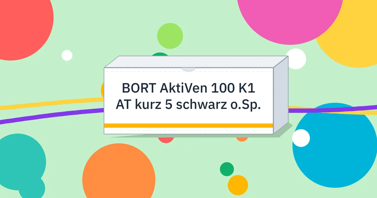 Symbolbild: Packung mit der Aufschrift BORT AktiVen 100 K1 AT kurz 5 schwarz o.Sp. (PZN 14388864) – Verfügbarkeit und Bezug in Apotheken in Frankfurt am Main
