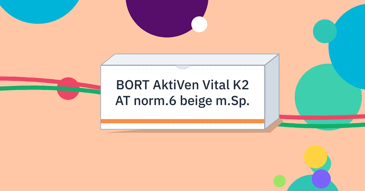 Symbolbild: Packung mit der Aufschrift BORT AktiVen Vital K2 AT norm.6 beige m.Sp. (PZN 13739184) – Verfügbarkeit und Bezug in Apotheken in Frankfurt am Main