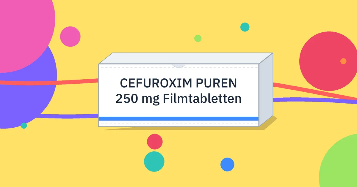 Symbolbild: Packung mit der Aufschrift CEFUROXIM PUREN 250 mg Filmtabletten (PZN 12584816) – Verfügbarkeit und Bezug in Apotheken in Frankfurt am Main