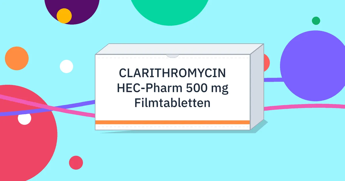 Symbolbild: Packung mit der Aufschrift CLARITHROMYCIN HEC-Pharm 500 mg Filmtabletten (PZN 12872780) – Verfügbarkeit und Bezug in Apotheken in Frankfurt am Main
