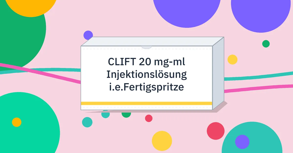 Symbolbild: Packung mit der Aufschrift CLIFT 20 mg-ml Injektionslösung i.e.Fertigspritze (PZN 19997852) – Verfügbarkeit und Bezug in Apotheken in Frankfurt am Main