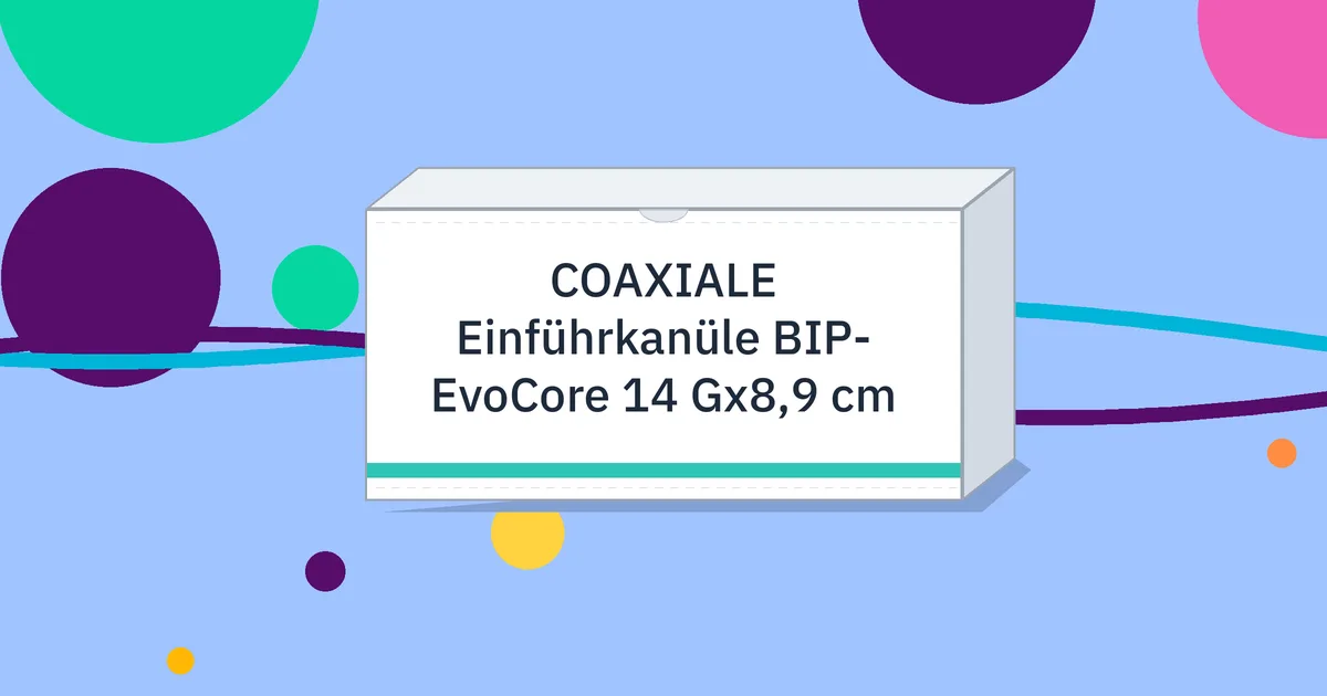 Symbolbild: Packung mit der Aufschrift COAXIALE Einführkanüle BIP-EvoCore 14 Gx8,9 cm (PZN 16135392) – Verfügbarkeit und Bezug in Apotheken in Frankfurt am Main