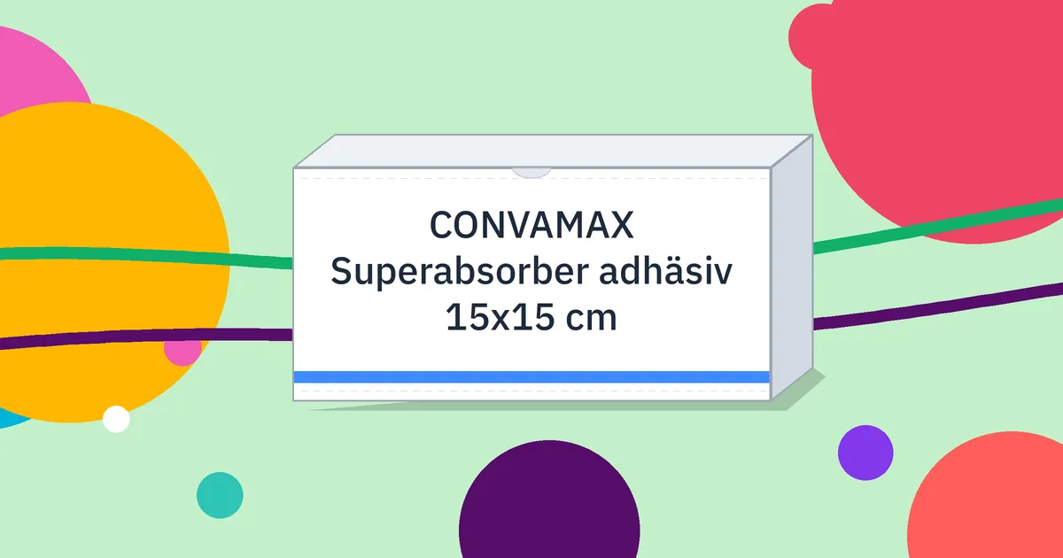 Symbolbild: Packung mit der Aufschrift CONVAMAX Superabsorber adhäsiv 15x15 cm (PZN 18037535) – Verfügbarkeit und Bezug in Apotheken in Frankfurt am Main
