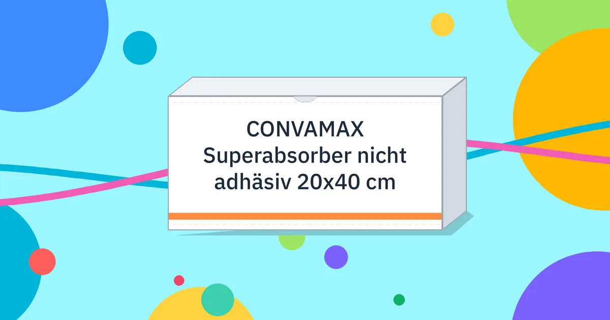 Symbolbild: Packung mit der Aufschrift CONVAMAX Superabsorber nicht adhäsiv 20x40 cm (PZN 15634414) – Verfügbarkeit und Bezug in Apotheken in Frankfurt am Main