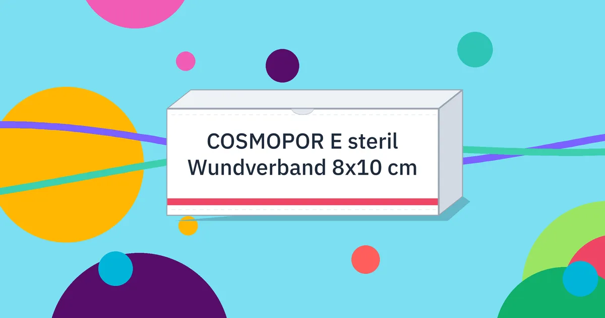 Symbolbild: Packung mit der Aufschrift COSMOPOR E steril Wundverband 8x10 cm (PZN 20543493) – Verfügbarkeit und Bezug in Apotheken in Frankfurt am Main