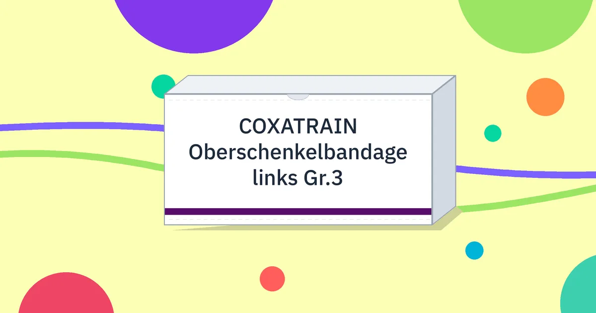 Symbolbild: Packung mit der Aufschrift COXATRAIN Oberschenkelbandage links Gr.3 (PZN 17560973) – Verfügbarkeit und Bezug in Apotheken in Frankfurt am Main