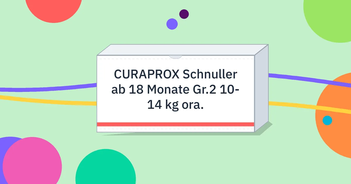 Symbolbild: Packung mit der Aufschrift CURAPROX Schnuller ab 18 Monate Gr.2 10-14 kg ora. (PZN 16587763) – Verfügbarkeit und Bezug in Apotheken in Frankfurt am Main